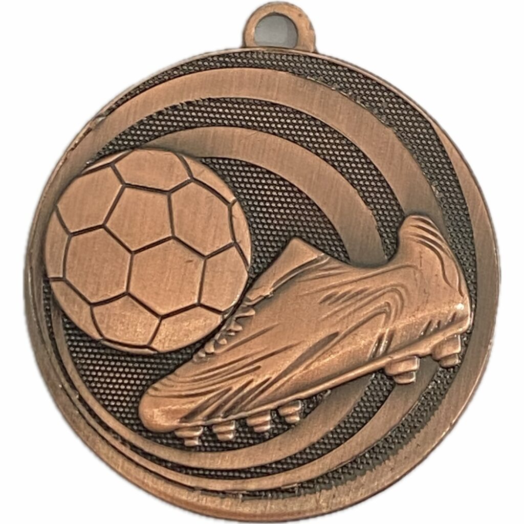 BRONZE SOCCER MEDAL 50MM INCLUDES A 10MM RIBBON - Trophy Guy